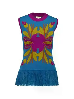 PAULA Jacquard Vest With Fringe Trim