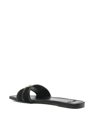 Elisabetta Franchi Leather Flat Sandals With Logo Detail - Black