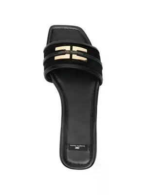 Elisabetta Franchi Leather Flat Sandals With Logo Detail - Black