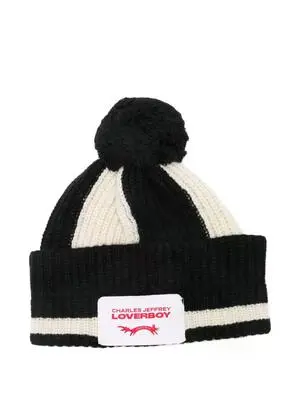 CHARLES JEFFREY Pompom Striped Beanie - Black