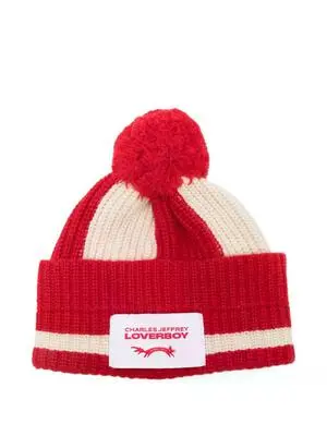 CHARLES JEFFREY Striped Pompom Beanie - Red