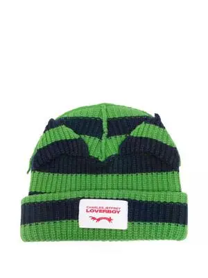 CHARLES JEFFREY Striped Beanie With Ears - Green