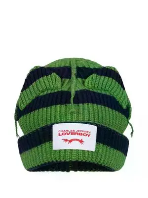CHARLES JEFFREY Striped Beanie With Ears - Green
