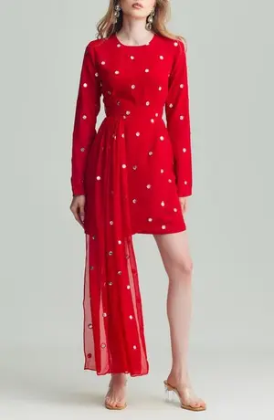 HOLICHIC Kaia Long Sleeve Minidress With Removable Drape Belt - Red