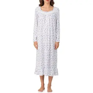 Eileen West Long Sleeve Cotton Jersey Nightgown - White Dot