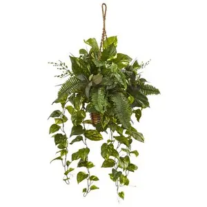 NEARLY NATURAL Mixed Pothos And Boston Artificial Fern In Hanging Basket - Green