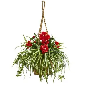 NEARLY NATURAL Hibiscus & Spider Artificial Plant In Hanging Basket - Red