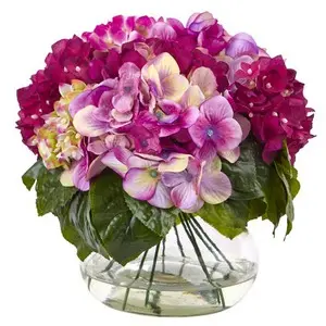 NEARLY NATURAL Multi-tone Hydrangea With Round Glass Vase - Beauty