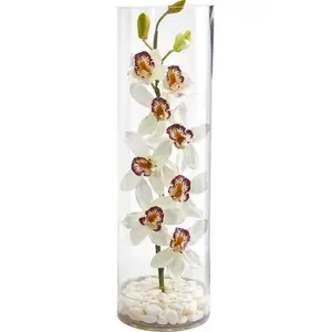 NEARLY NATURAL Cymbidium Orchid Artificial Arrangement In Tall Cylinder Vase - White