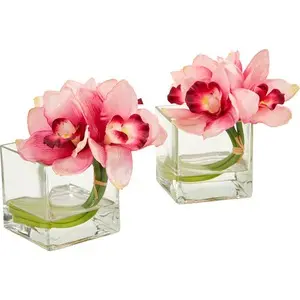 NEARLY NATURAL Cymbidium Orchid Artificial Arrangement In Glass Vase - Pink