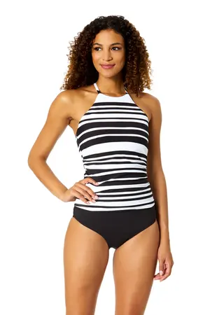 ANNE COLE High Neck Striped Tankini Top - Bardot Stripe
