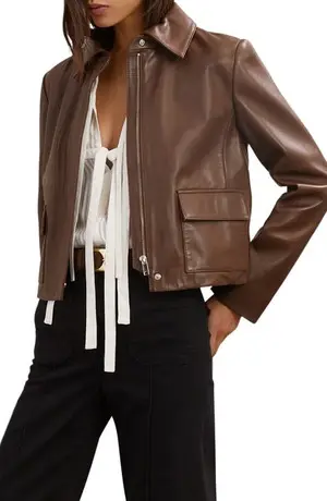 REISS Drew Leather Jacket - Mocha Brown