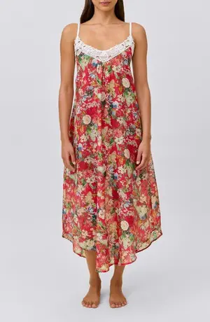 PAPINELLE Holly Lace Trim Cotton Voile Nightgown - Geranium