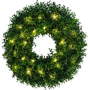 NEARLY NATURAL 18-in Pre-lit Artificial Boxwood Wreath With 25 Warm White Led Lights - Green
