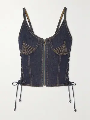 JEAN PAUL GAULTIER Lace-up Topstitched Denim Bustier Top