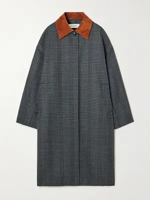 RÓHE Checked Wool Coat With Suede Trim - Gray
