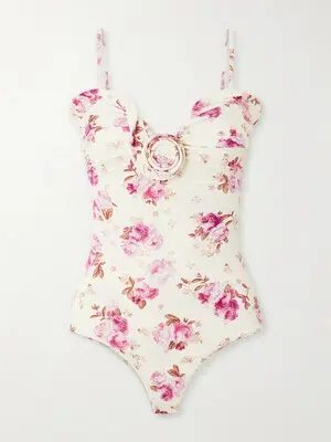 Magda Butrym Embellished Floral-print Swimsuit - Neutrals