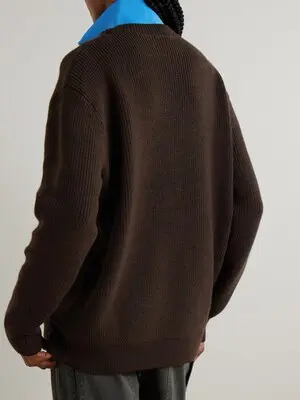 Tibi Layered Knit-trimmed Ribbed Wool-blend Half-zip Sweater