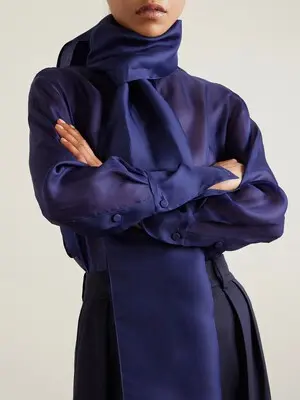 Another Tomorrow Bow-embellished Silk-organza Blouse - Blue