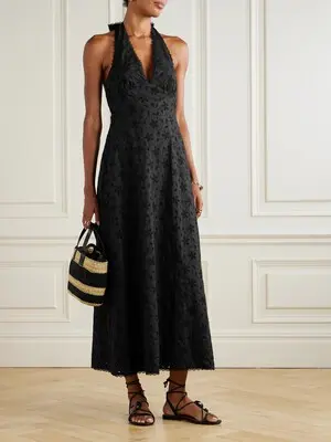 Posse Salma Broderie Anglaise Cotton Halterneck Midi Dress - Black