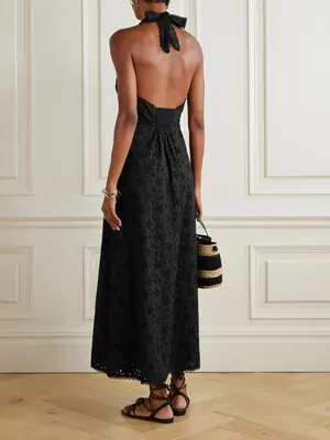 Posse Salma Broderie Anglaise Cotton Halterneck Midi Dress - Black