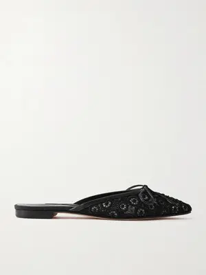 Manolo Blahnik Ballerimu Leather-trimmed Lace Flats With Bow Detailing - Black