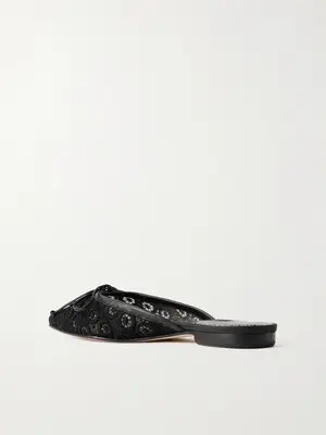 Manolo Blahnik Ballerimu Leather-trimmed Lace Flats With Bow Detailing - Black