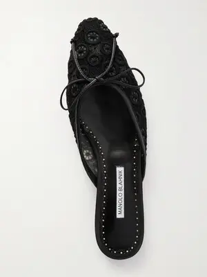 Manolo Blahnik Ballerimu Leather-trimmed Lace Flats With Bow Detailing - Black
