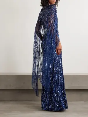 Jenny Packham Cape-effect Embellished Tulle Gown - Blue