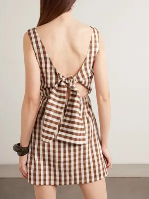 Faithfull The Brand Sofia Tie-detailed Gingham Linen Mini Dress - Brown