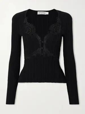 SELF-PORTRAIT Lace-trimmed Ribbed-knit Top