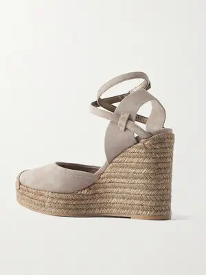Brunello Cucinelli Embellished Suede Platform Wedge Espadrille Sandals - Gray
