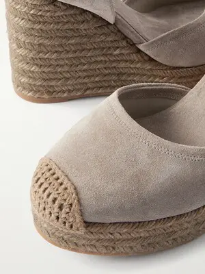 Brunello Cucinelli Embellished Suede Platform Wedge Espadrille Sandals - Gray