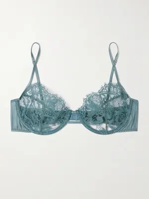 Kiki De Montparnasse Camille Stretch-silk Satin-trimmed Organic Cotton-lace Underwired Balconette Bra - Blue