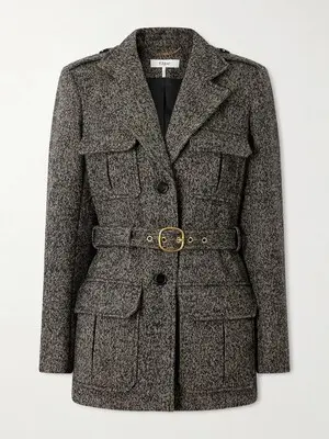 Chloé Belted Herringbone Wool-blend Jacket