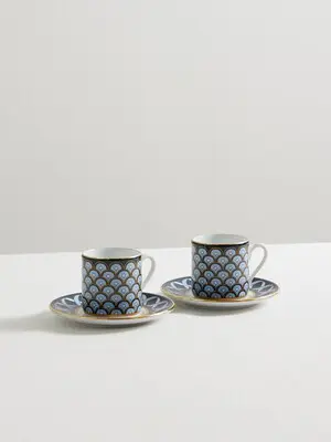 La DoubleJ Impero Set Of Two Gold-plated Porcelain Espresso Cups And Saucers - Blue