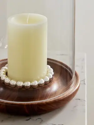 Christofle Perles Large Glass, Walnut And -plated Hurricane Candle Holder