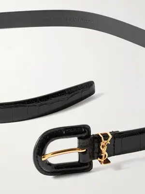 Saint Laurent Cassandre Embellished Croc-effect Leather Belt - Black