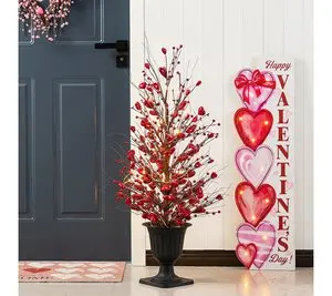 GLITZHOME 36'h Valentine's Lighted Berry Heart Urn Porch Tree - One-color