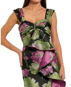 Mac Duggal Cap Sleeve Brocade Ankle Length Gown With Ruffle