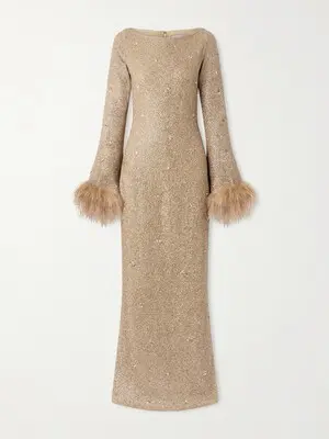 CLIO PEPPIATT Mae Feather-trimmed Embellished Beaded Tulle Gown - Gold