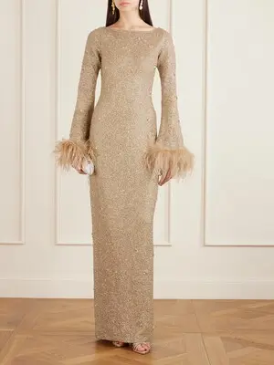 CLIO PEPPIATT Mae Feather-trimmed Embellished Beaded Tulle Gown - Gold