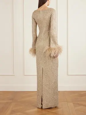 CLIO PEPPIATT Mae Feather-trimmed Embellished Beaded Tulle Gown - Gold