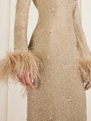 CLIO PEPPIATT Mae Feather-trimmed Embellished Beaded Tulle Gown - Gold
