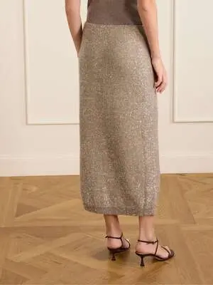 Brunello Cucinelli Sequined Knitted Midi Skirt - Light Brown