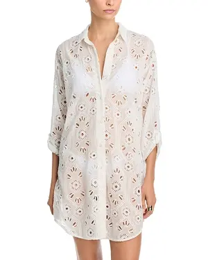 Johnny Was Eyelet Swim Cover-up Shirt - White Marilla Eyelet