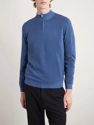 Fedeli Cotton-piqué Half-zip Sweater - Blue