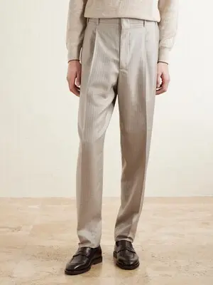 Brunello Cucinelli Tapered Pleated Cashmere And Silk-blend Suit Trousers - Neutrals
