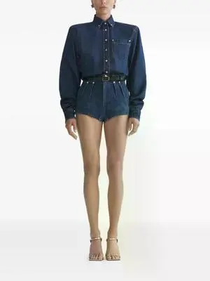 MUGLER Pleated High-waisted Denim Shorts