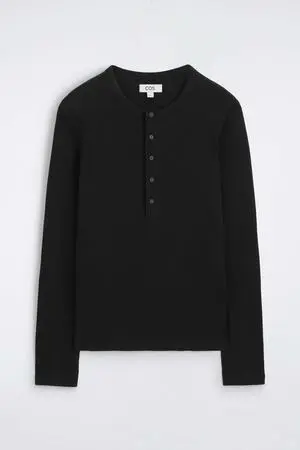 Cos Slim Ribbed Long Sleeve Henley T-shirt - Black